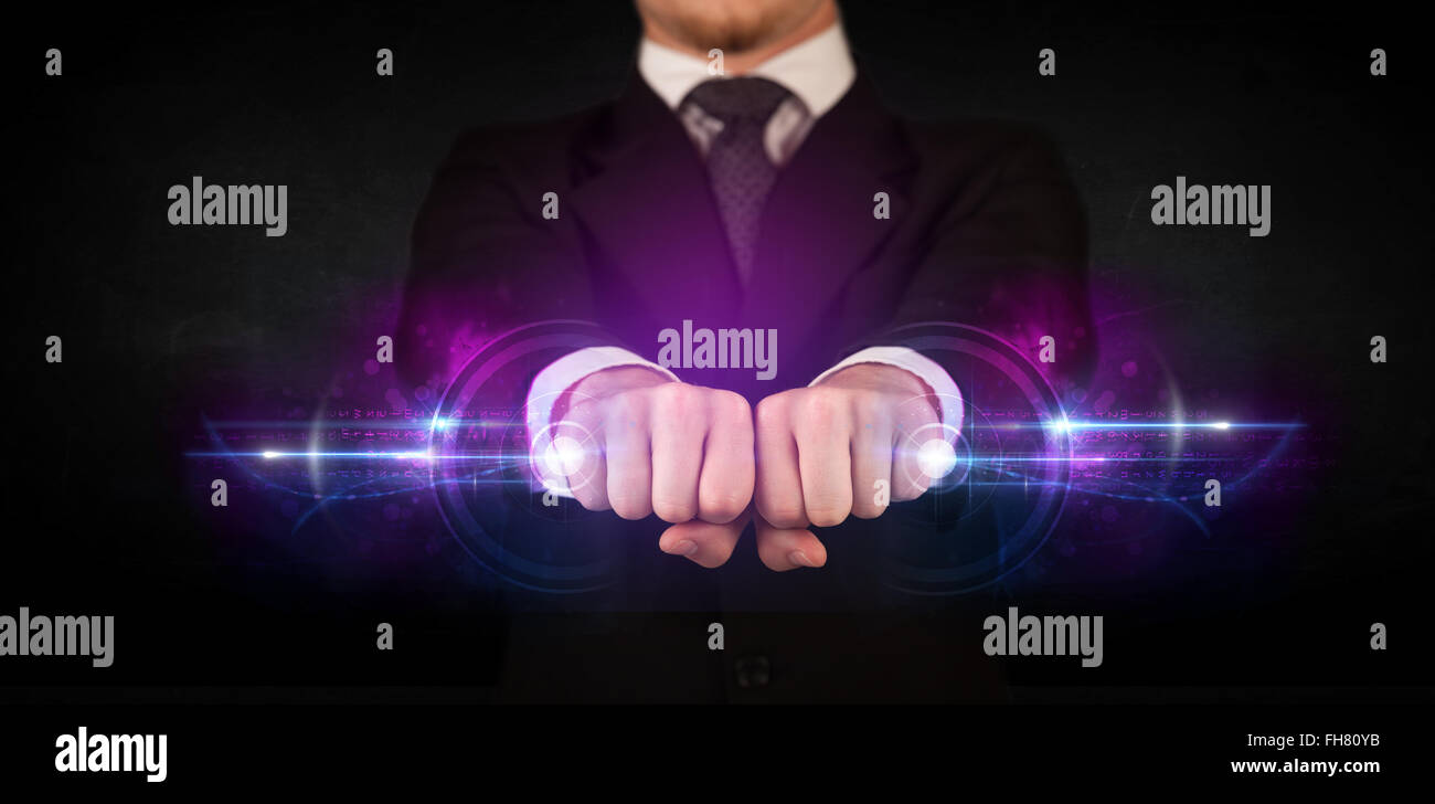 Business man holding future technology data system network Stock Photo ...