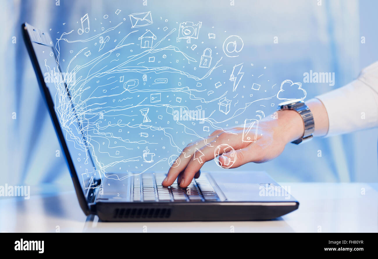 Man pressing notebook laptop computer with doodle icon cloud symbols ...