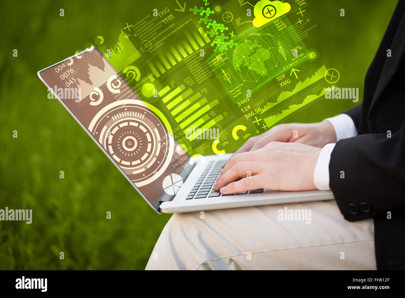 Modern notebook computer with future technology symbols Stock Photo - Alamy