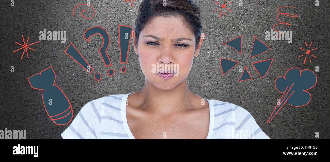 Composite image of portrait of angry woman pulling face Stock Photo - Alamy