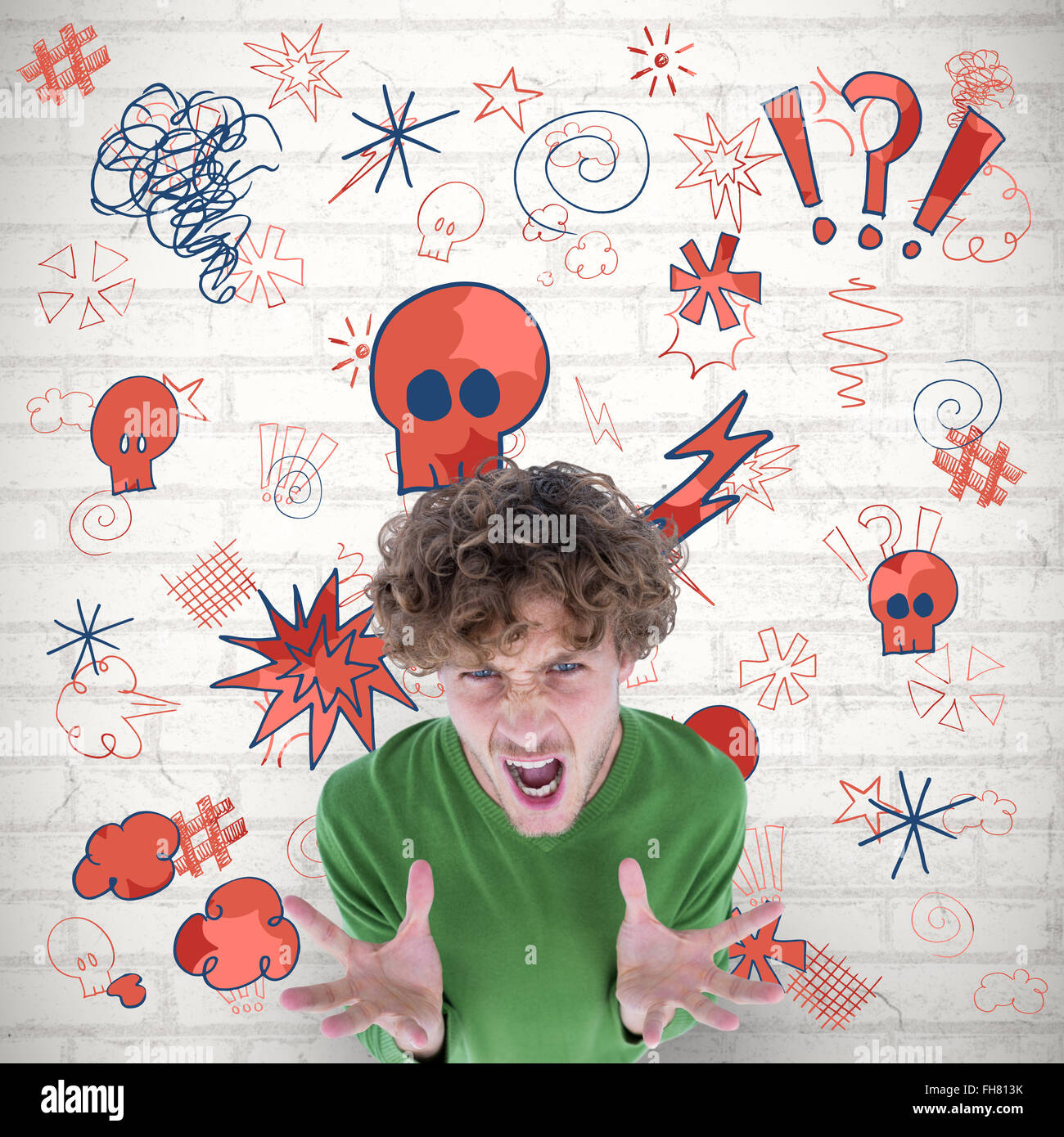 Composite image of portrait of furious man screaming over white ...