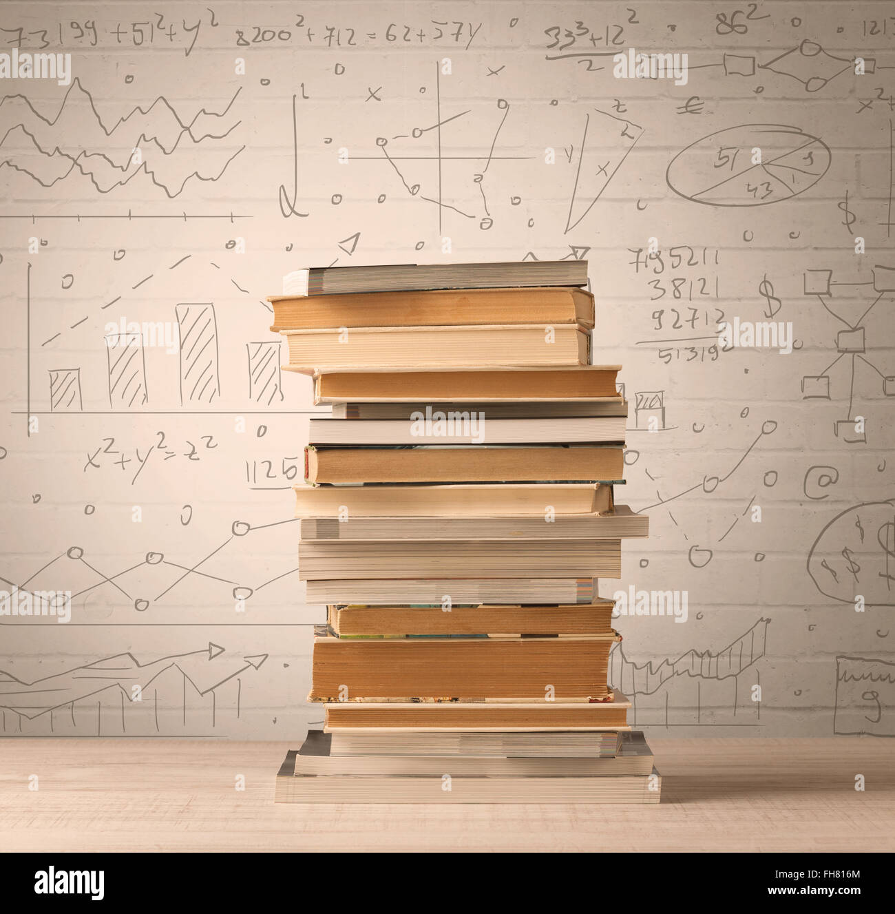 A pile of books with math formulas written in doodle style Stock Photo ...