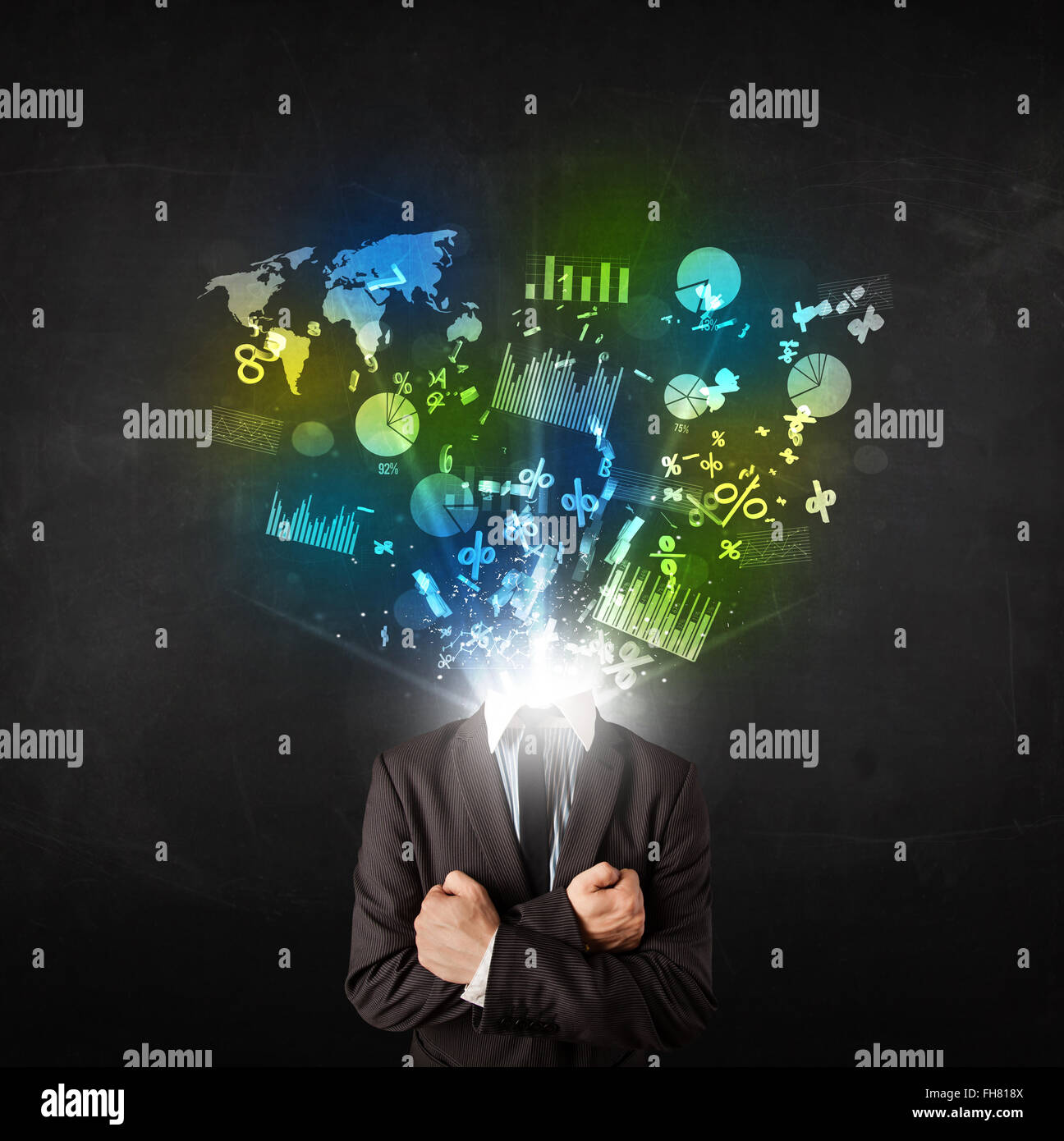 Business man in suit with graph and charts exploding from his body ...