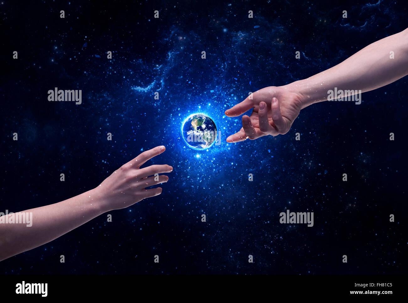 Hands in space touching planet earth Stock Photo - Alamy