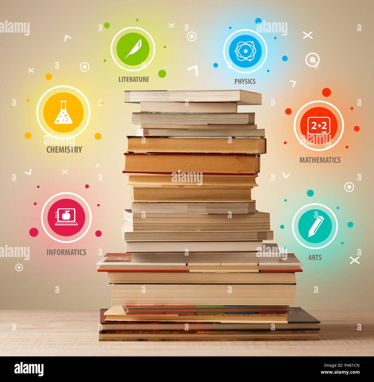 Books on top with colorful symbols on vintage background Stock Photo ...