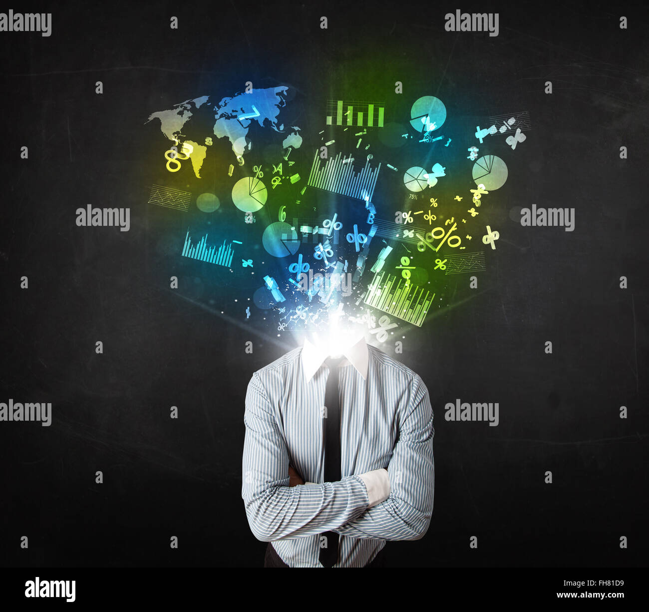 Business man in suit with graph and charts exploding from his body ...