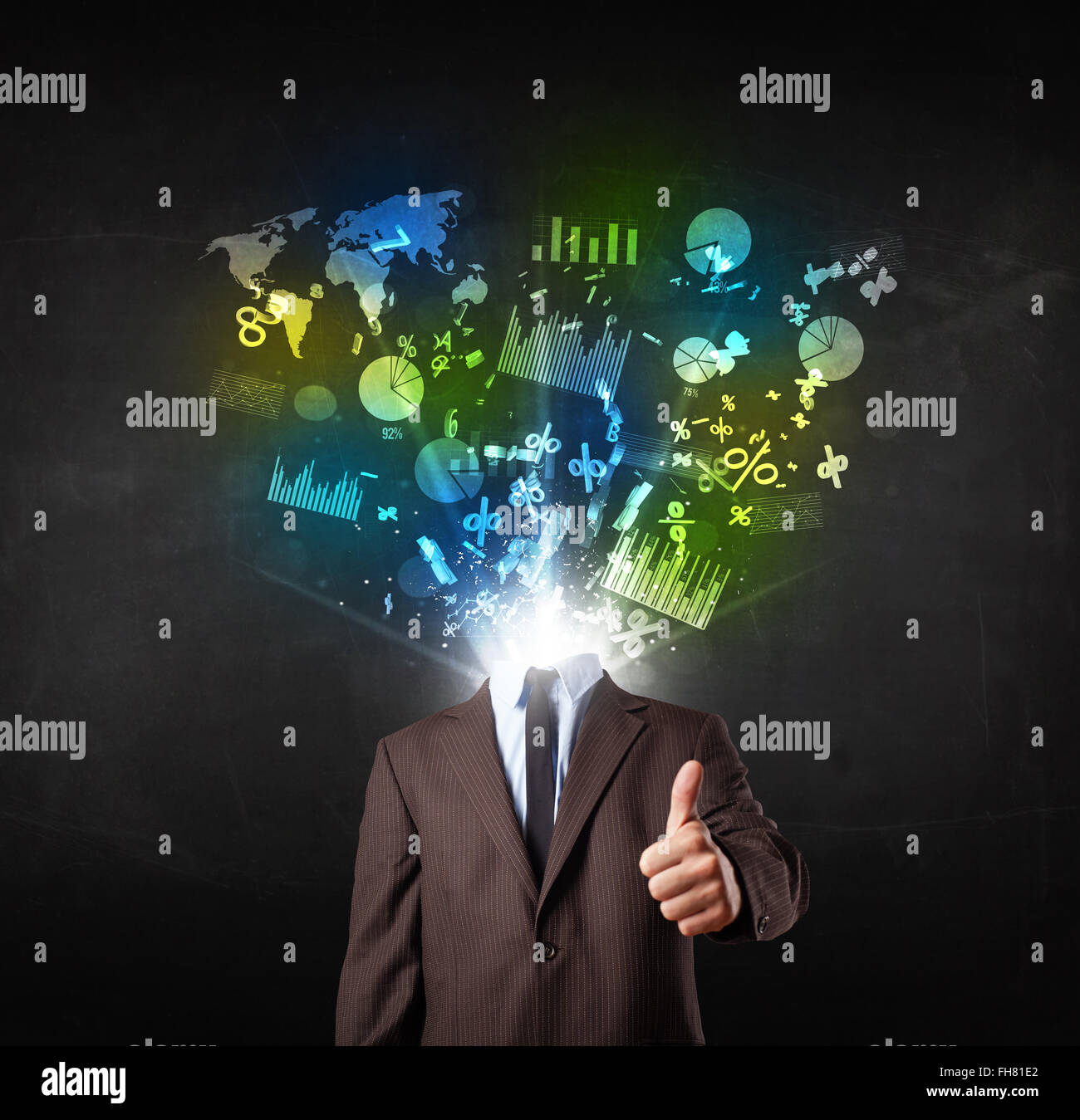 Business man in suit with graph and charts exploding from his body ...