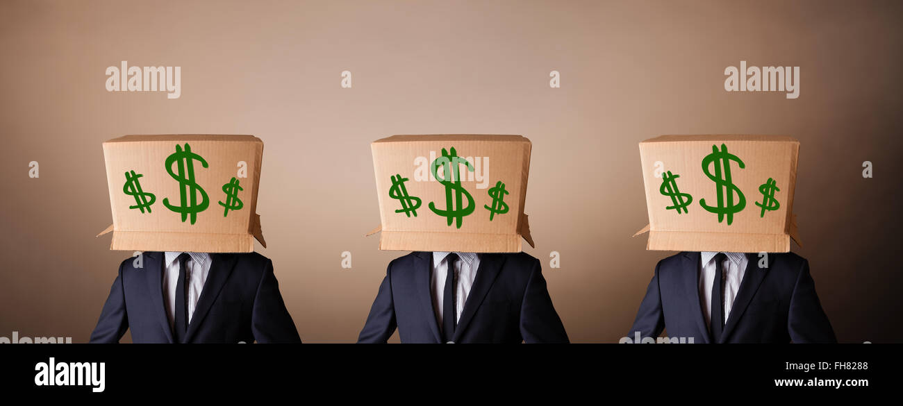 Handsome men in suit gesturing with drawn dollar signs on box Stock ...