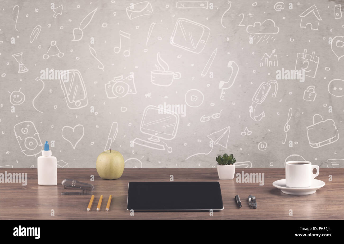 Design office desk with drawings background Stock Photo - Alamy