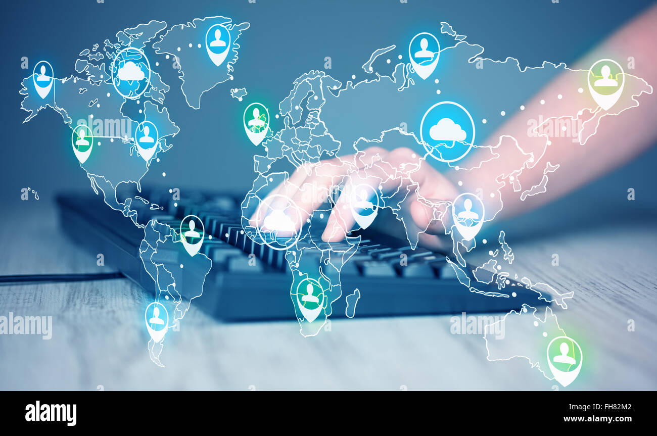 Keyboard with high tech user map icons Stock Photo - Alamy