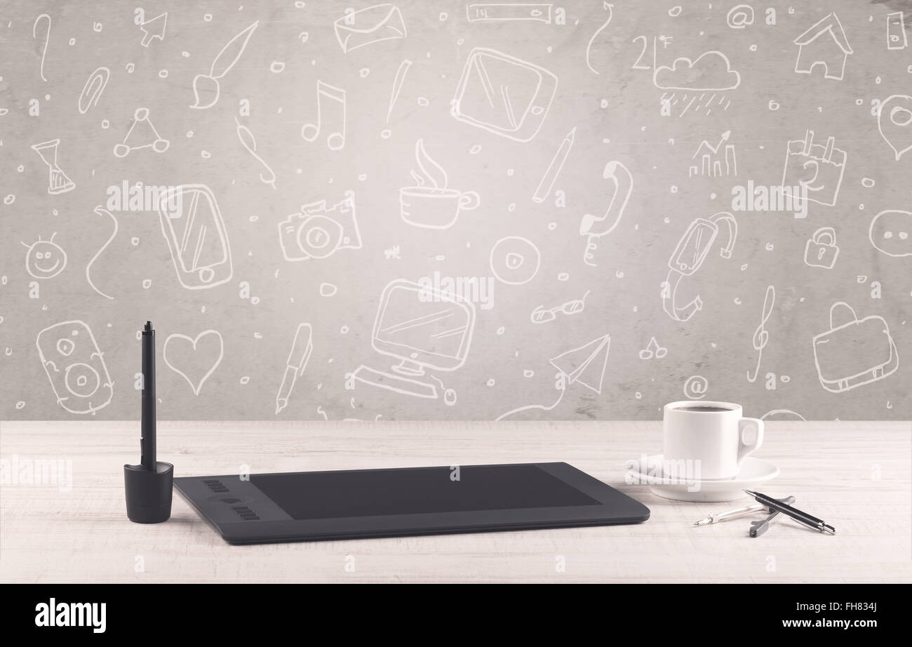 Design office desk with drawings background Stock Photo - Alamy