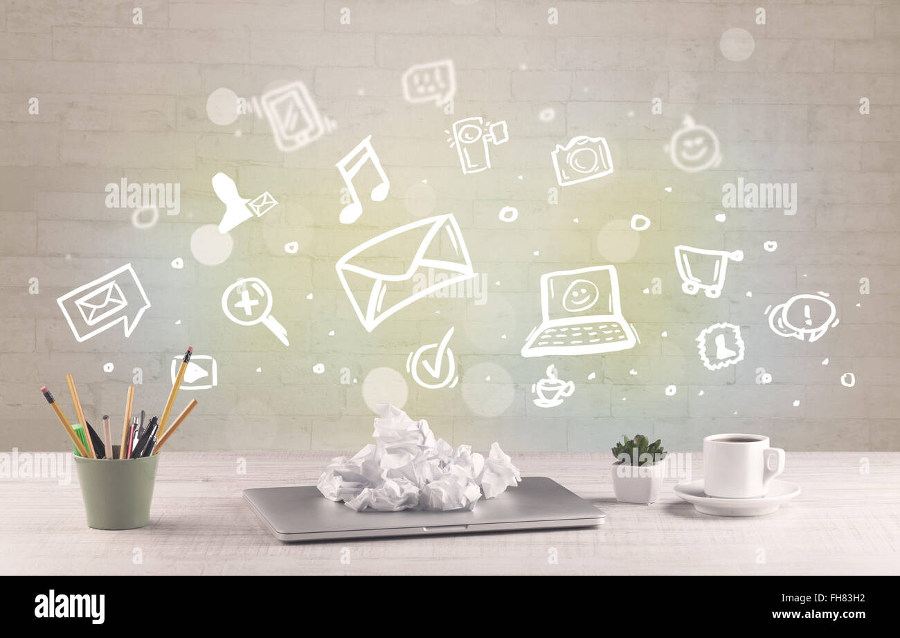 Office desk with communication icons Stock Photo - Alamy