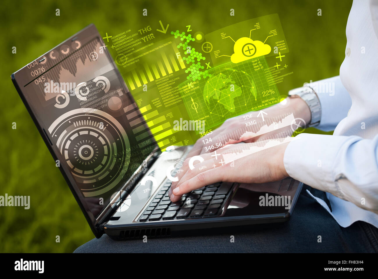 Modern notebook computer with future technology symbols Stock Photo - Alamy