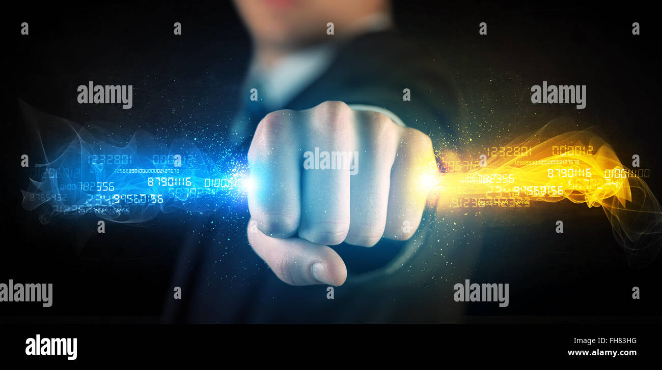 Man holding colorful glowing data in his hands Stock Photo - Alamy