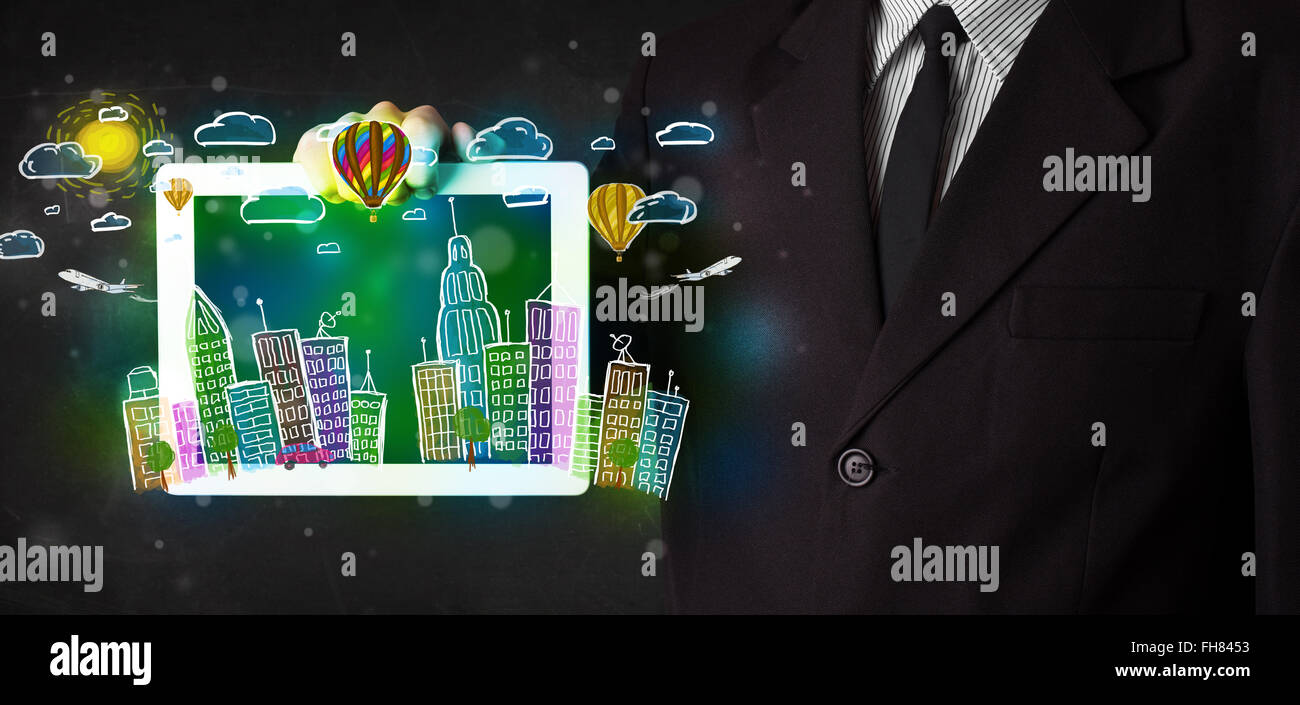 Young person showing tablet with hand drawn cityscape Stock Photo - Alamy