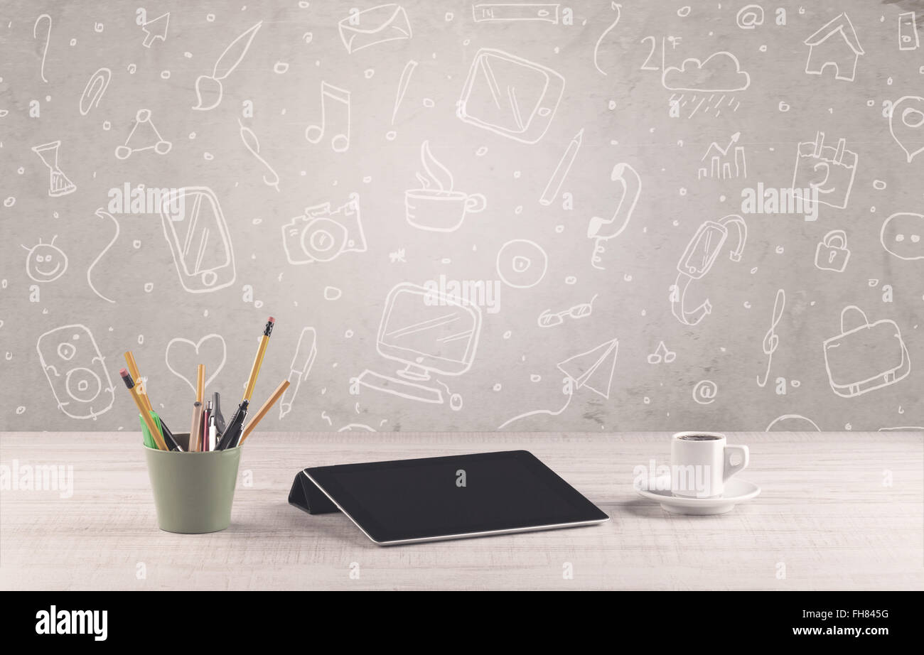Design office desk with drawings background Stock Photo - Alamy