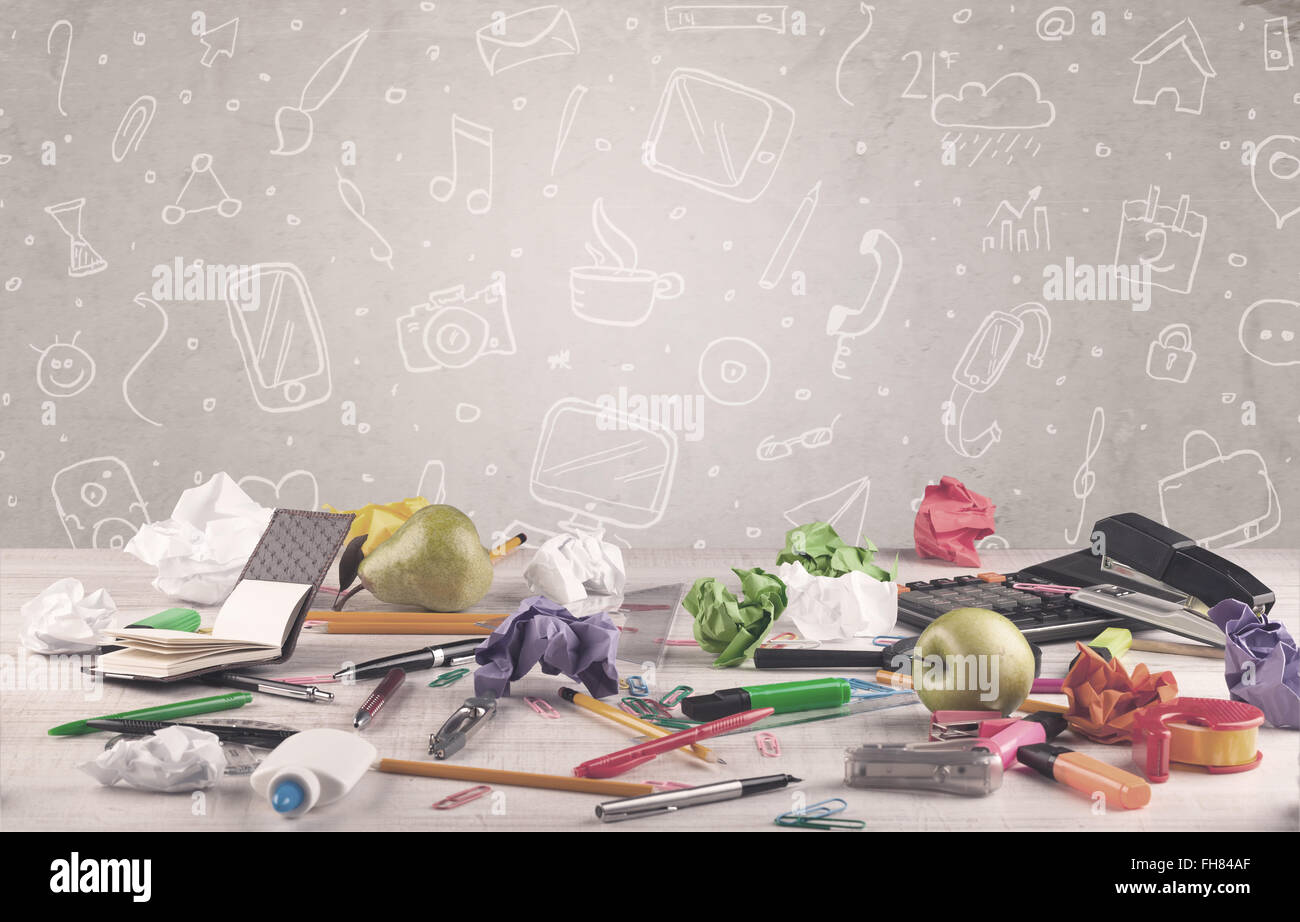 Design office desk with drawings background Stock Photo - Alamy