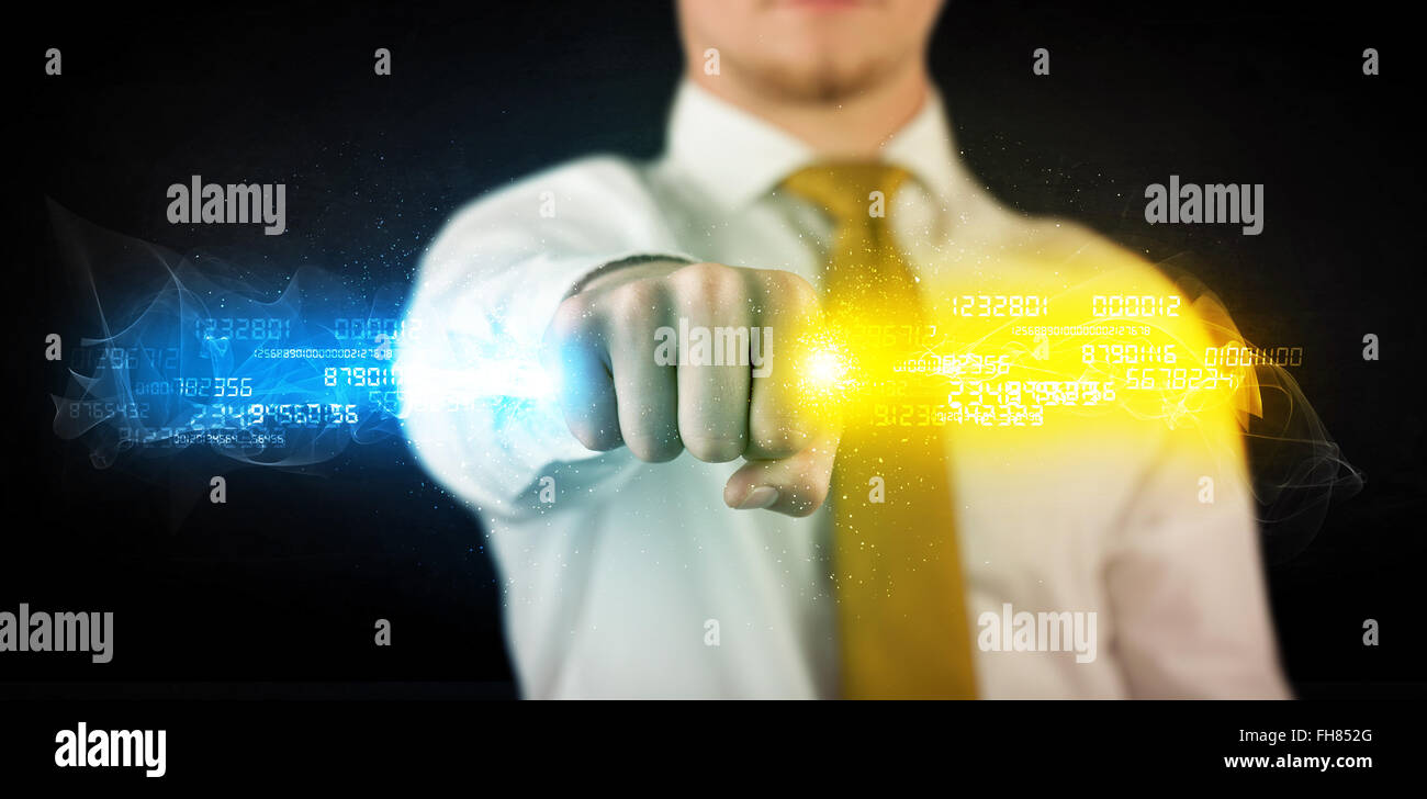 Man holding colorful glowing data in his hands Stock Photo - Alamy