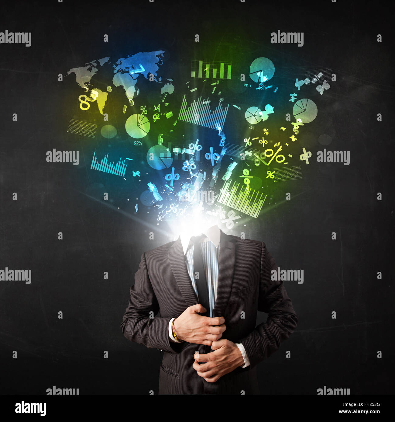 Business man in suit with graph and charts exploding from his body ...