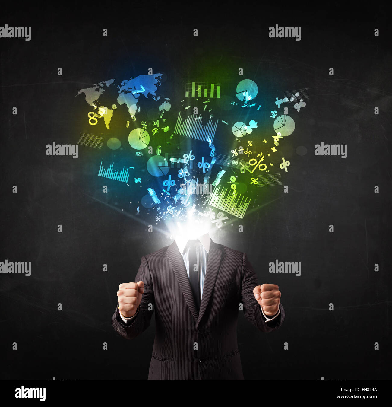 Business man in suit with graph and charts exploding from his body ...