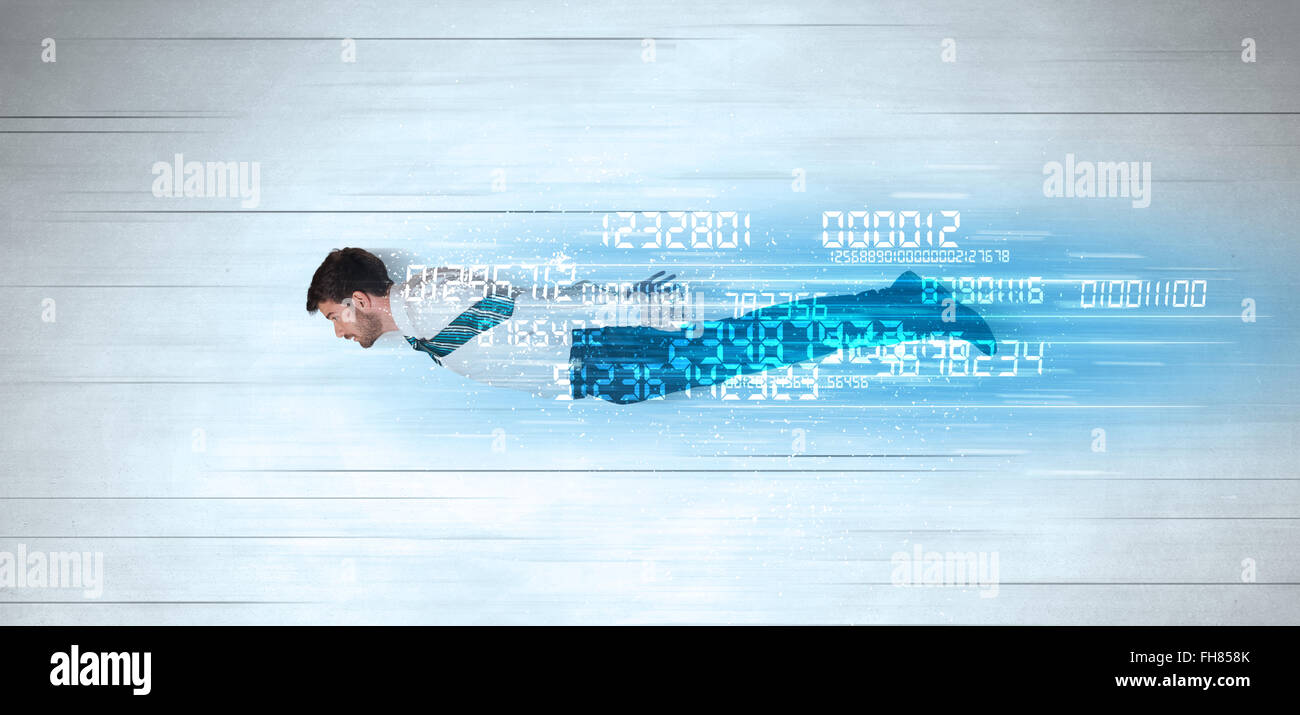 Businessman flying super fast with data numbers left behind Stock Photo ...
