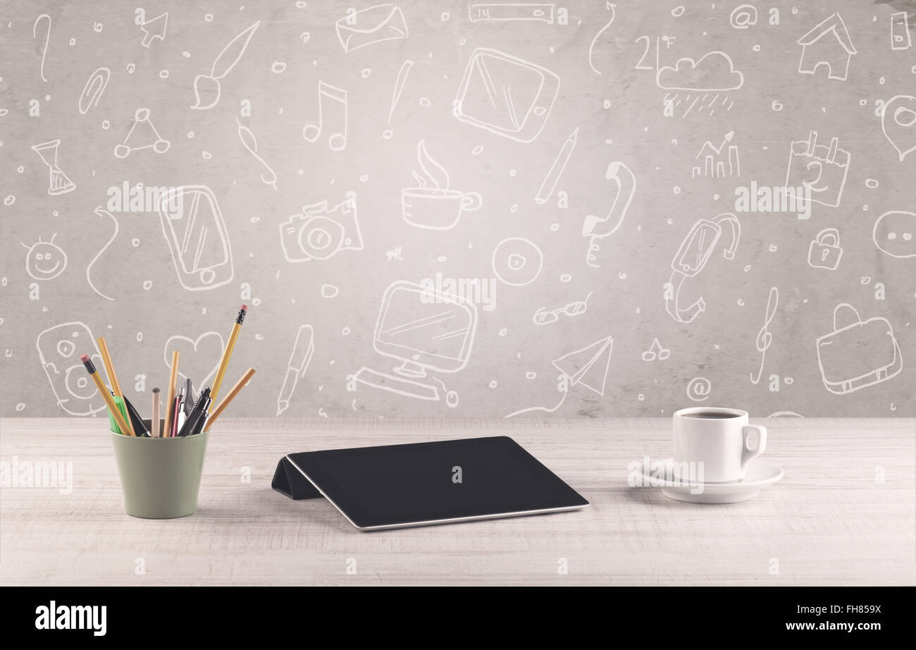 Design office desk with drawings background Stock Photo - Alamy