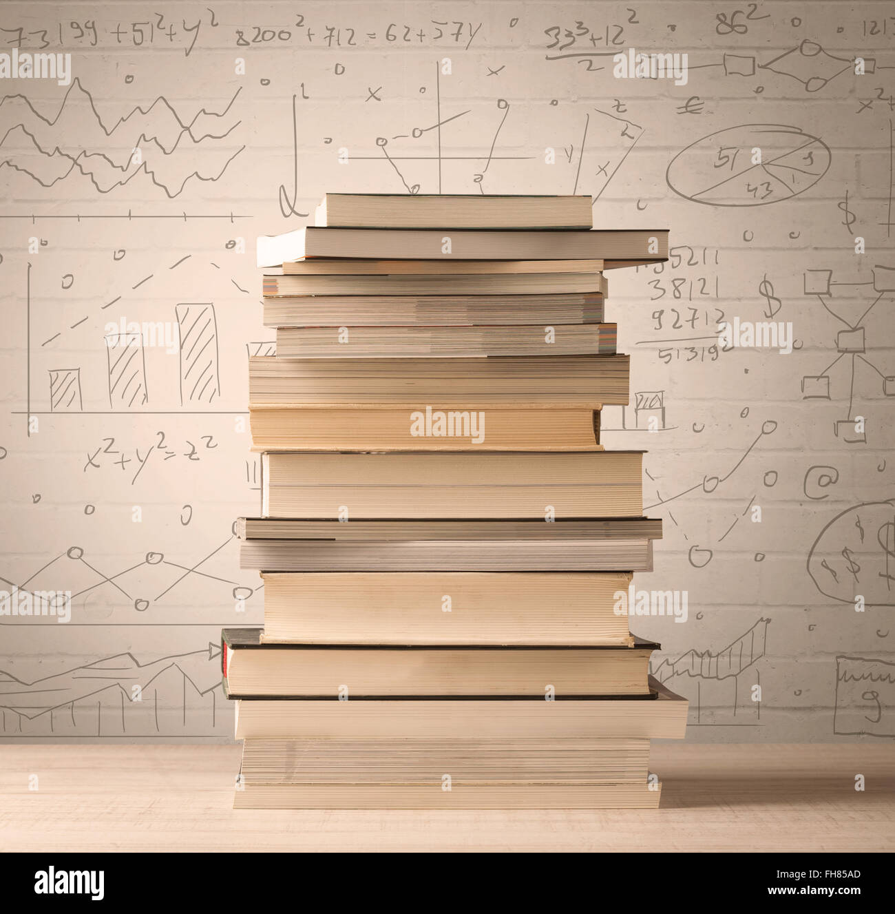 A pile of books with math formulas written in doodle style Stock Photo ...