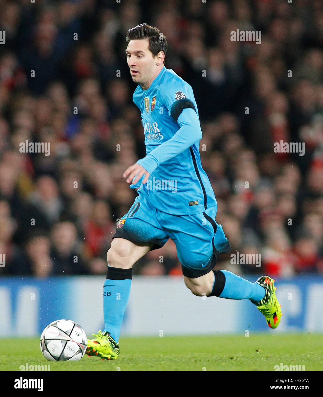 London, UK. 23rd Feb, 2016. Lionel Messi of Barcelona runs with the ...