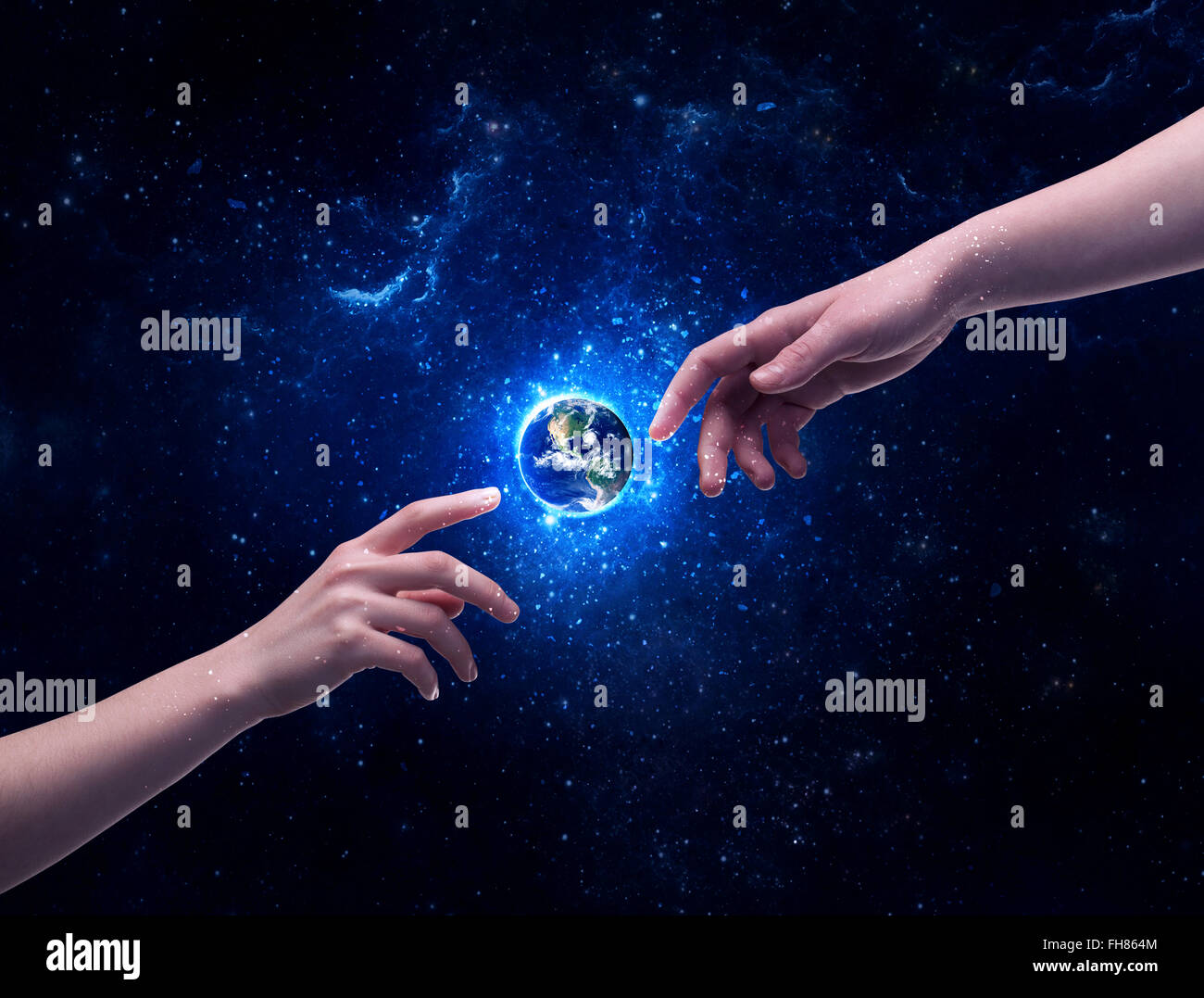Hands in space touching planet earth Stock Photo - Alamy