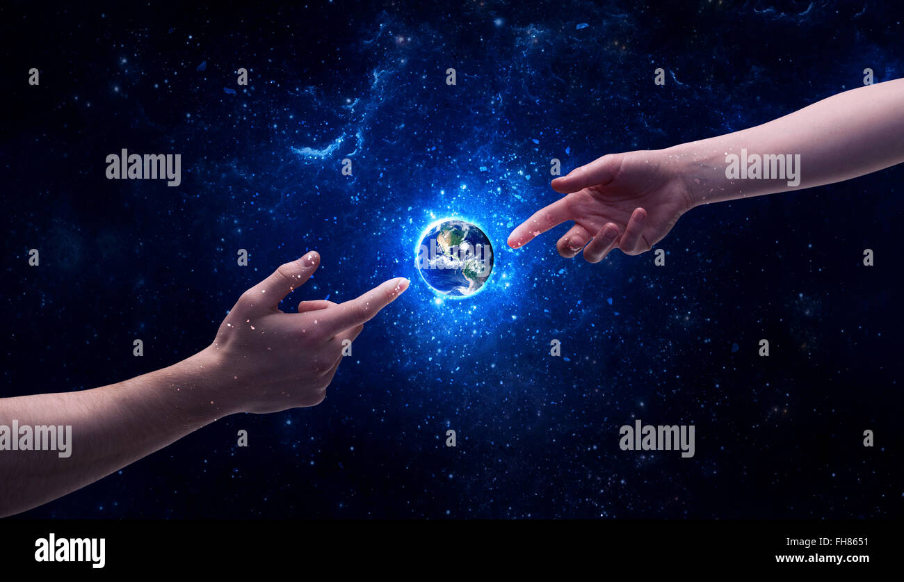 Hands in space touching planet earth Stock Photo - Alamy