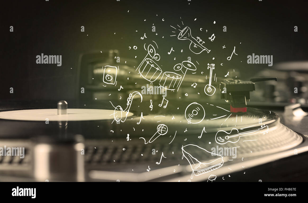 Turntable playing classical music with icon drawn instruments Stock ...
