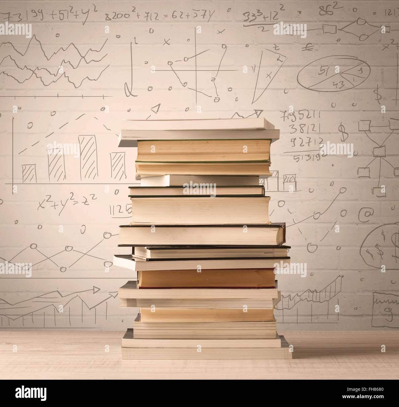 A pile of books with math formulas written in doodle style Stock Photo ...