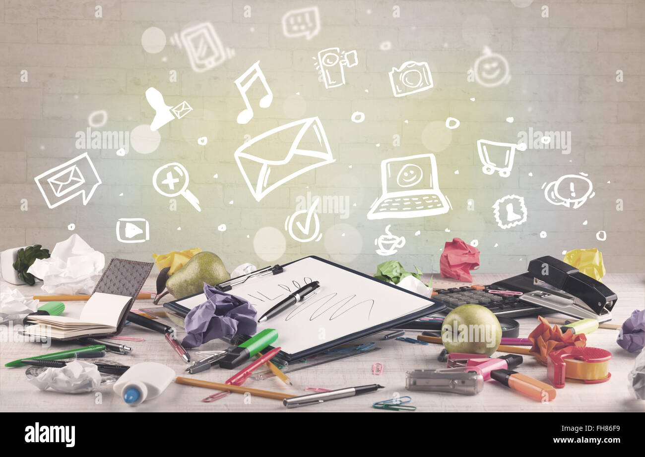 Office desk with communication icons Stock Photo - Alamy