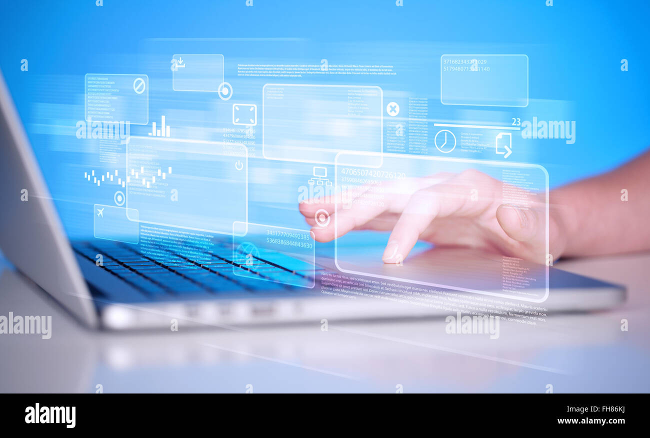 Hand touching keyboard with high tech buttons Stock Photo - Alamy