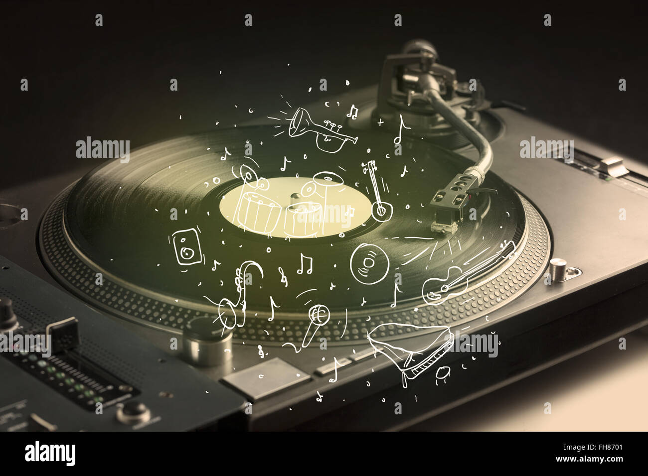 Turntable playing classical music with icon drawn instruments Stock ...