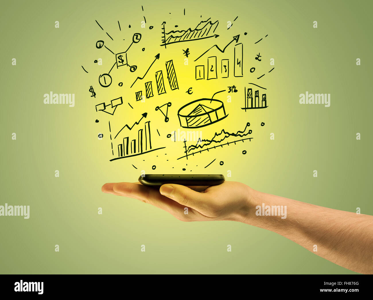 Sales charts on top of mobile phone in hand Stock Photo - Alamy