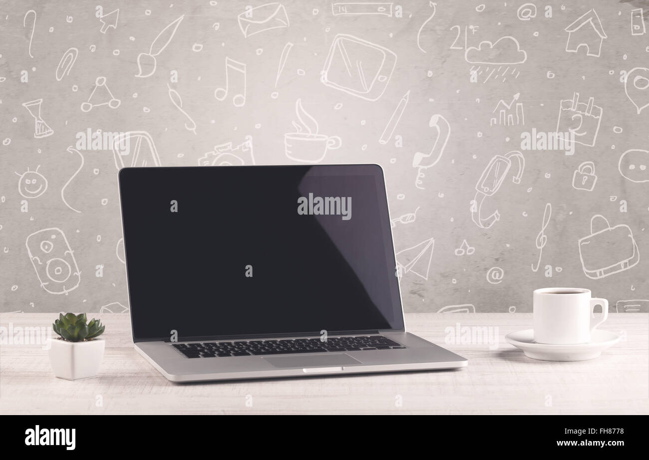 Design office desk with drawings background Stock Photo - Alamy