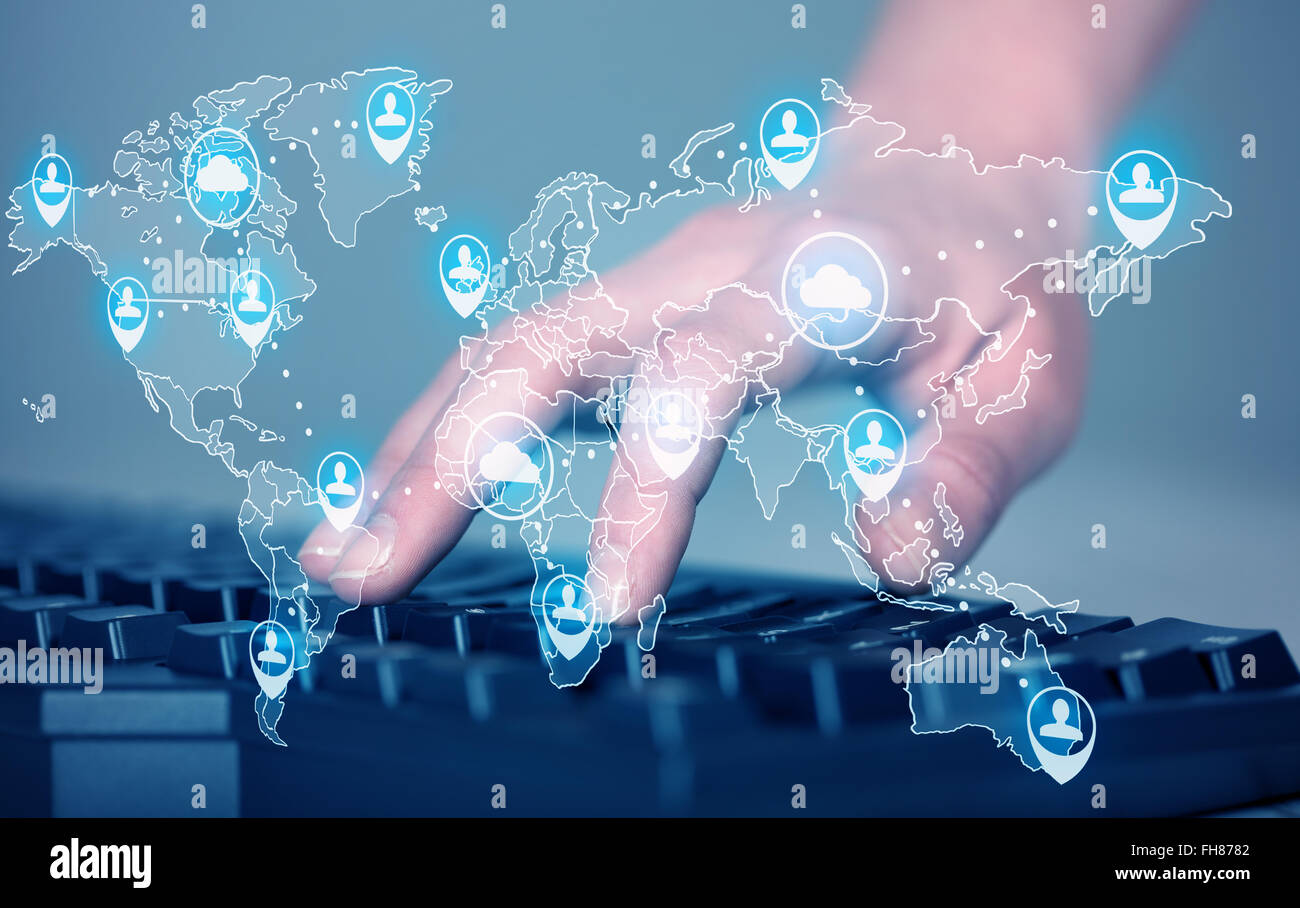 Keyboard with high tech user map icons Stock Photo - Alamy