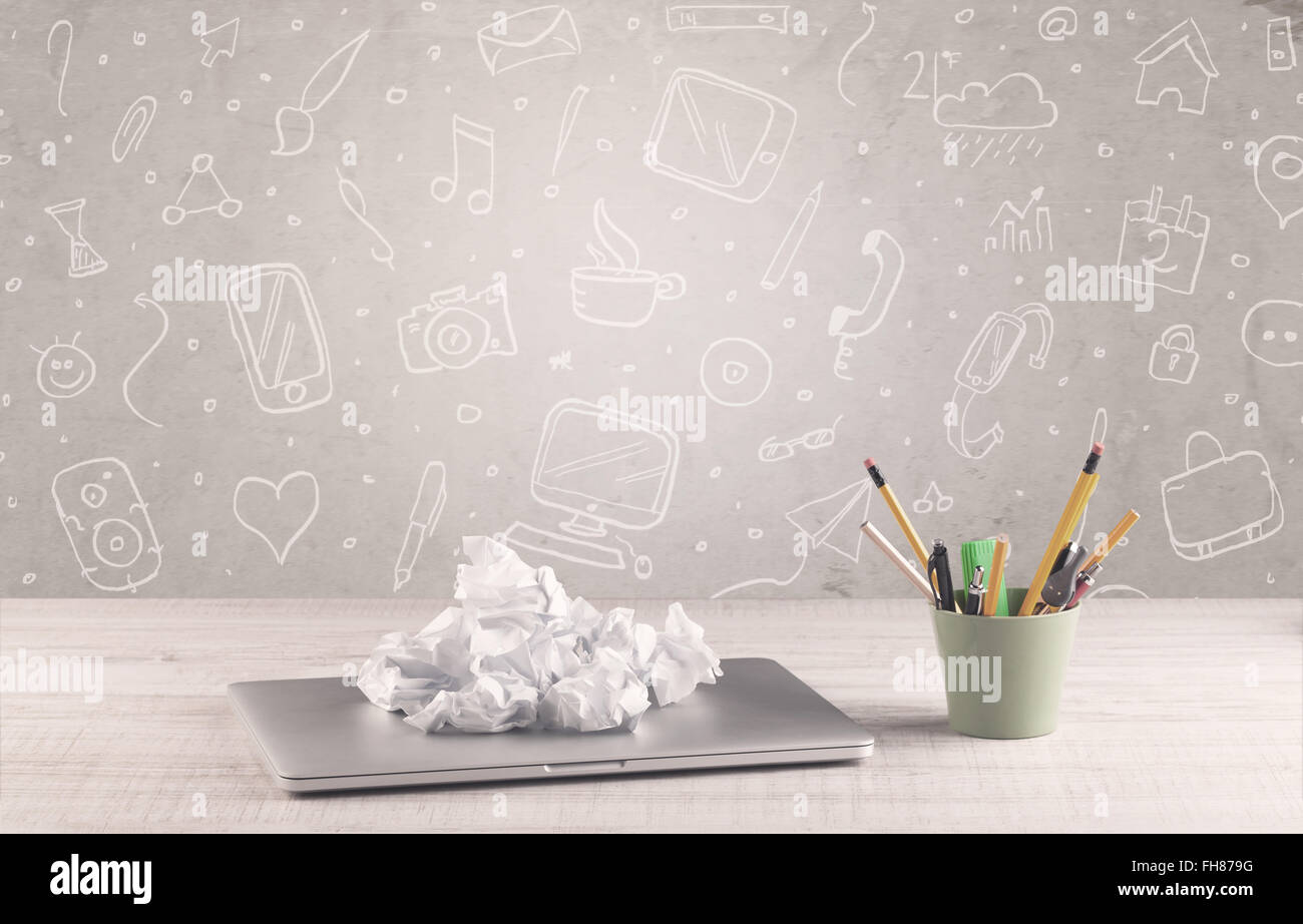 Design office desk with drawings background Stock Photo - Alamy