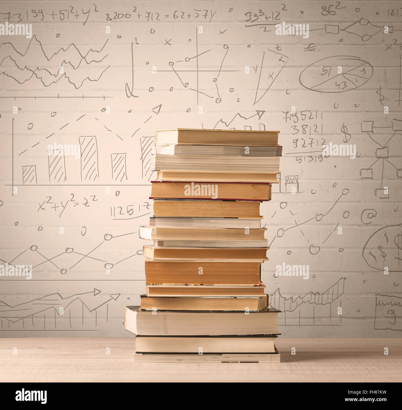 A pile of books with math formulas written in doodle style Stock Photo ...