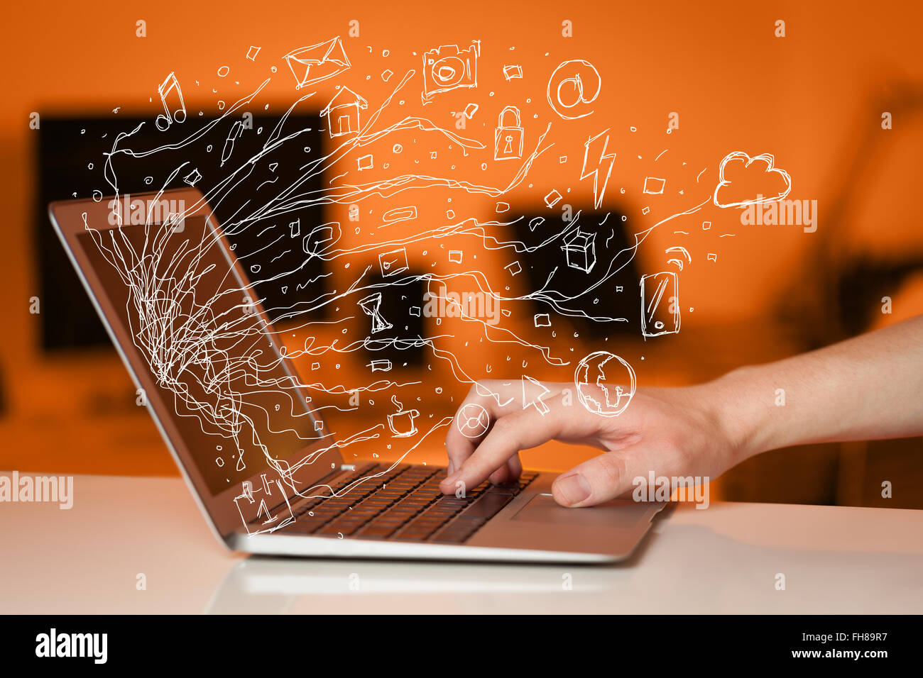Man pressing notebook laptop computer with doodle icon cloud symbols ...
