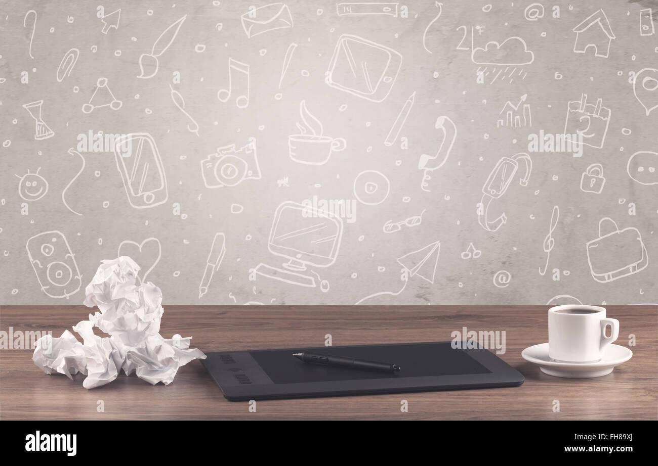 Design office desk with drawings background Stock Photo - Alamy