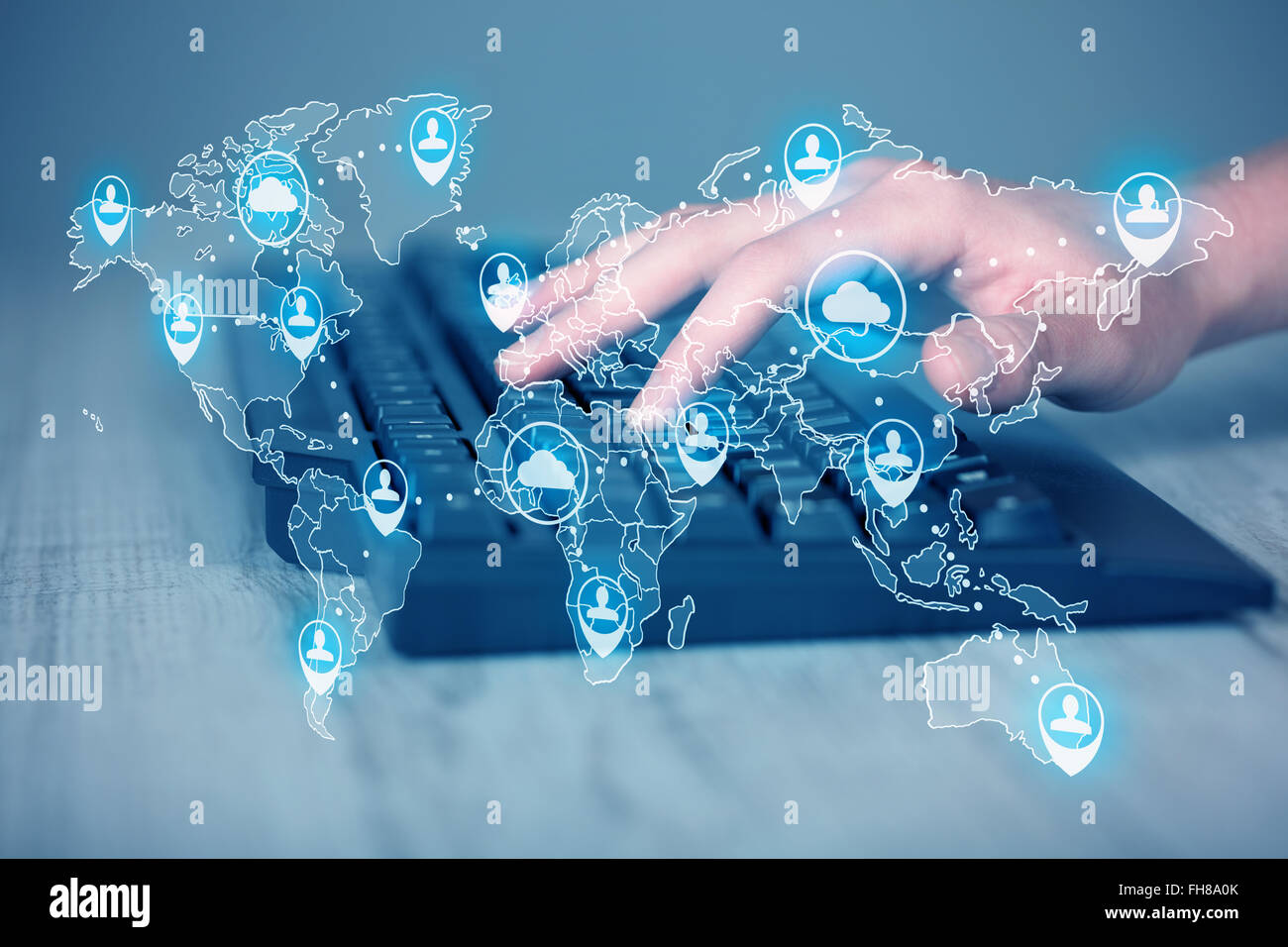 Keyboard with high tech user map icons Stock Photo - Alamy