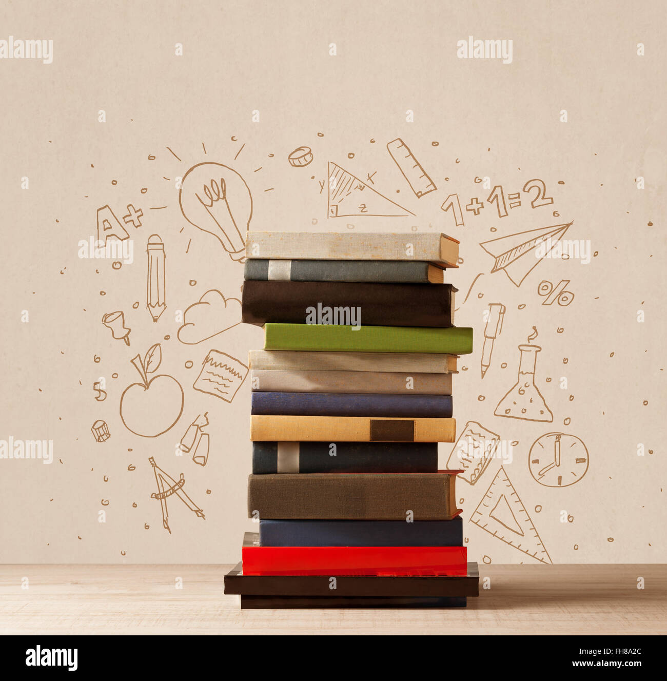 A pile of books on table with school hand drawn doodle sketches Stock ...