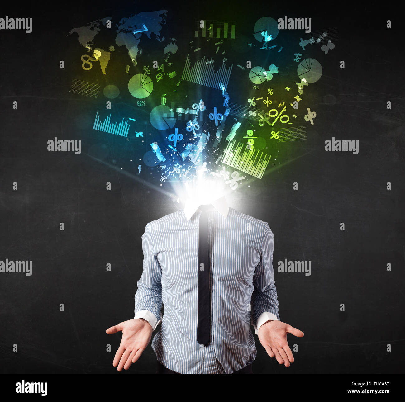 Business man in suit with graph and charts exploding from his body ...