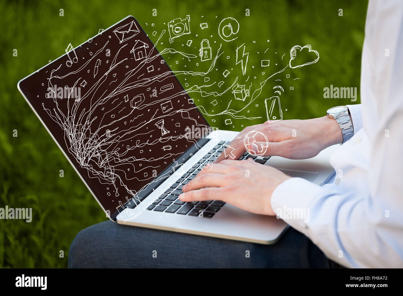 Man pressing notebook laptop computer with doodle icon cloud symbols ...