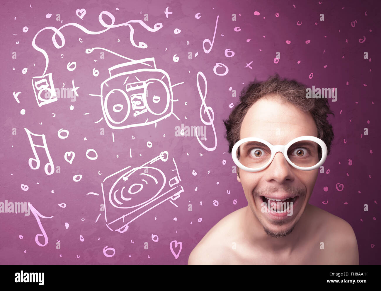 Happy funny guy with shades and hand drawn media icons Stock Photo - Alamy