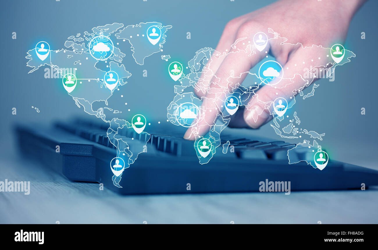 Keyboard with high tech user map icons Stock Photo - Alamy