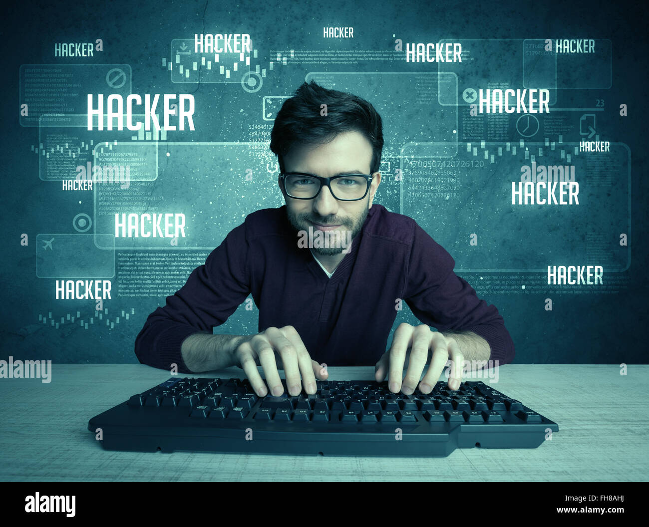 Hacker with keyboard and glasses Stock Photo - Alamy