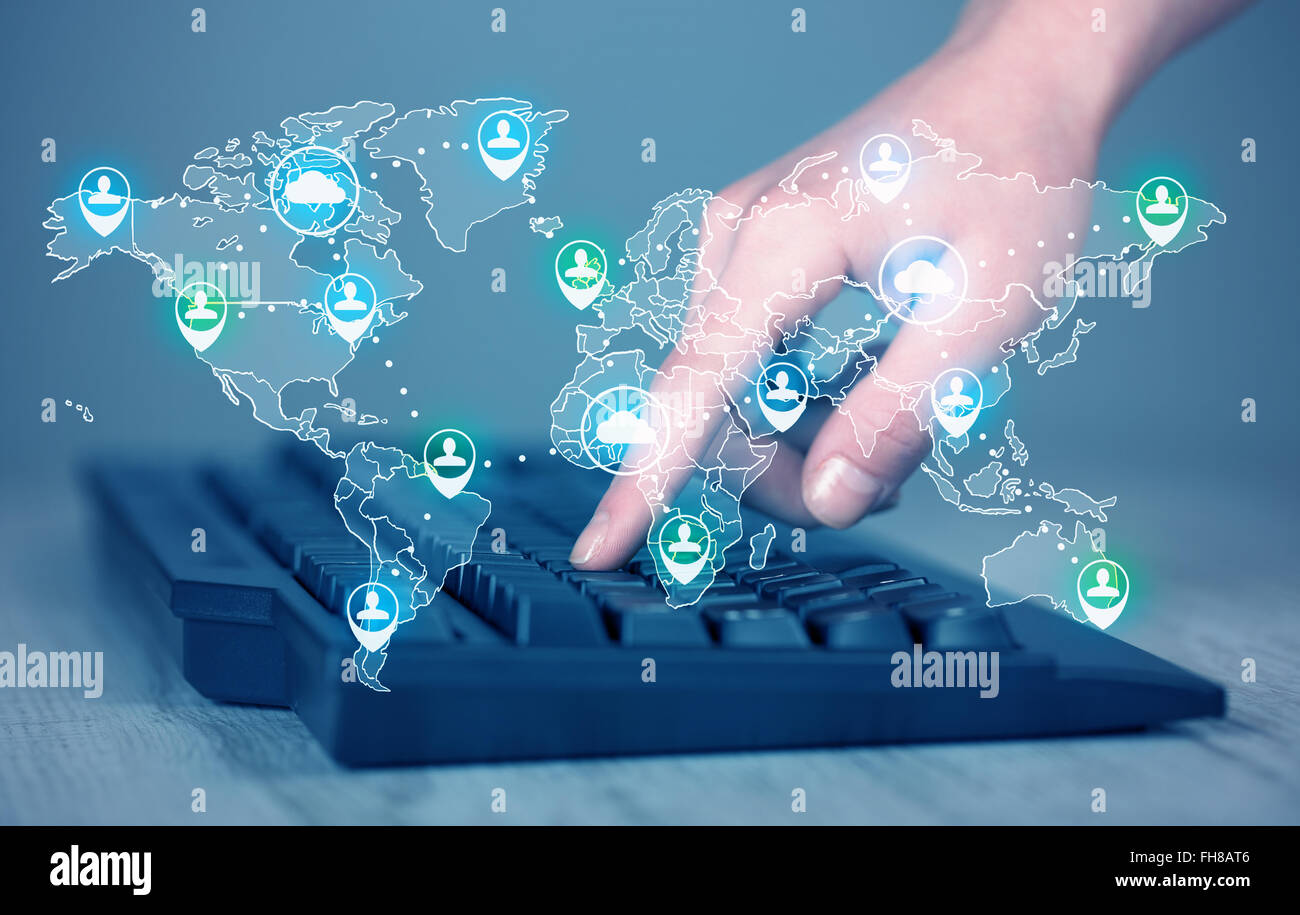 Keyboard with high tech user map icons Stock Photo - Alamy